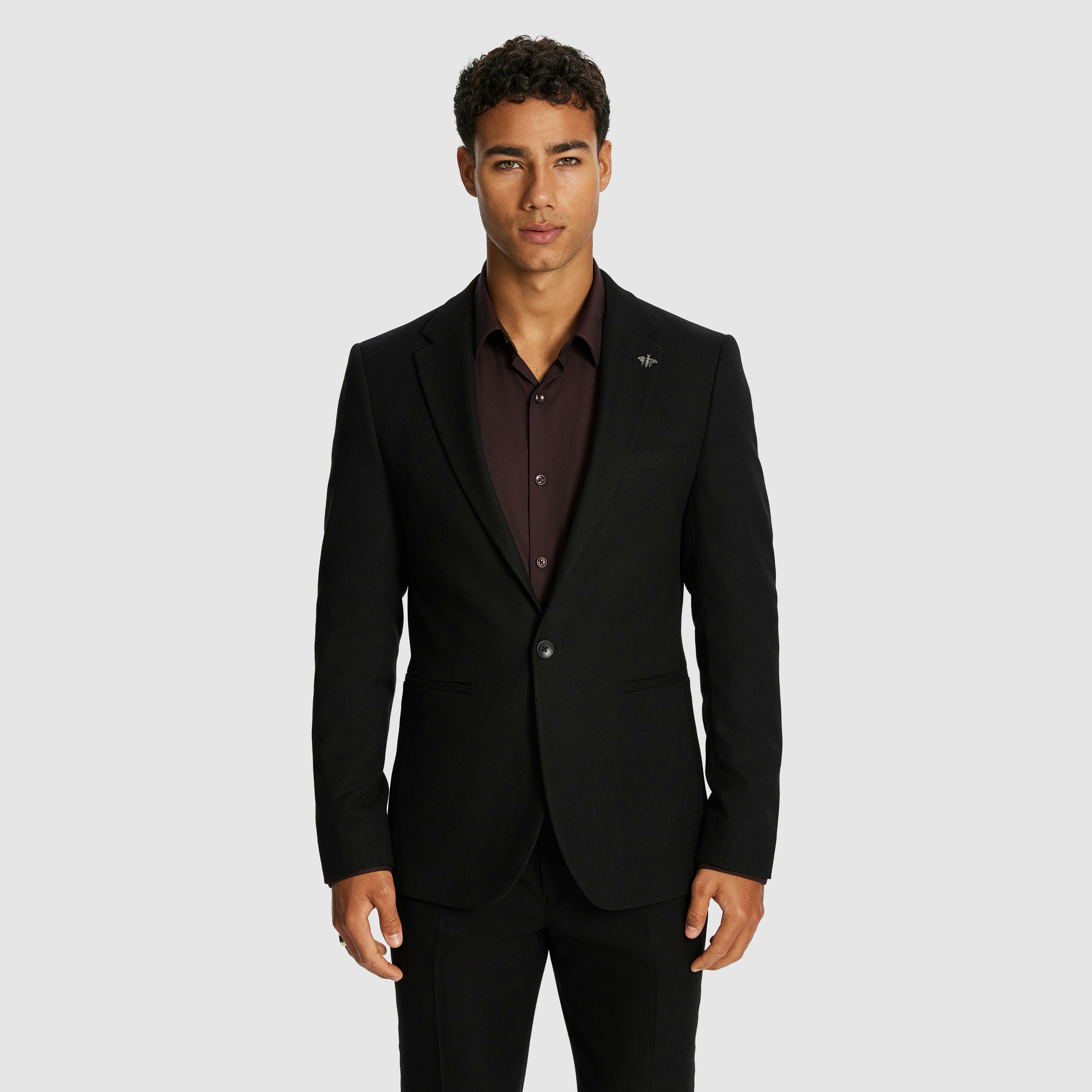 Black Carbone Textured Stretch Slim Suit Jacket | Men's Tops | yd AU